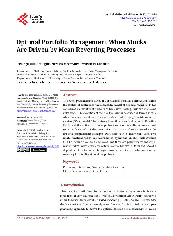 (PDF) Optimal Portfolio Management When Stocks Are Driven by Mean Reverting Processes