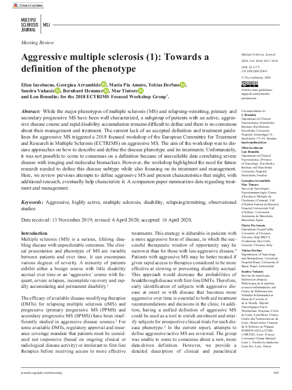 (PDF) Aggressive multiple sclerosis (1): Towards a definition of the ...