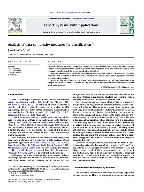 (PDF) Analysis of data complexity measures for classification