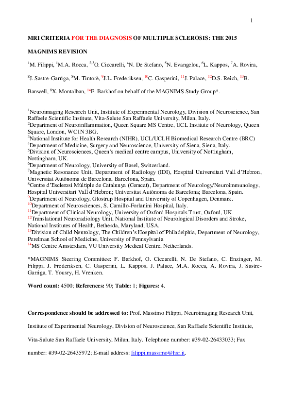 (PDF) MRI criteria for the diagnosis of multiple sclerosis: MAGNIMS ...