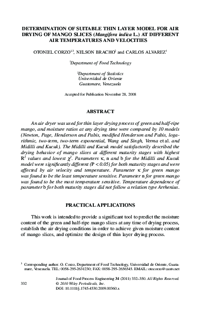 (PDF) DETERMINATION OF SUITABLE THIN LAYER MODEL FOR AIR DRYING OF MANGO SLICES (Mangifera ...