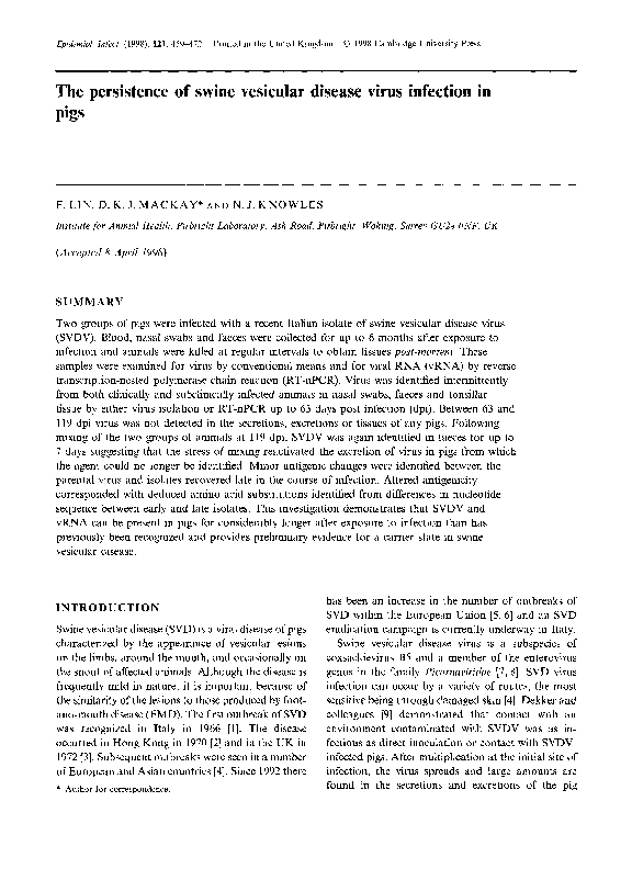 (PDF) The persistence of swine vesicular disease virus infection in pigs
