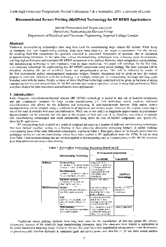 (PDF) Micromachined screen printing (MaSprint) technology for RF MEMS applications