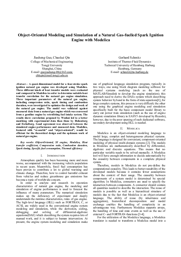 Pdf Object Oriented Modeling And Simulation Of A Natural Gas Fuelled Spark Ignition Engine