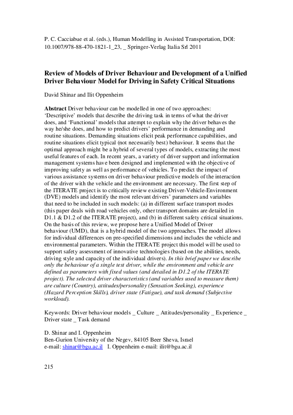 (PDF) Review of Models of Driver Behaviour and Development of a Unified Driver Behaviour Model ...