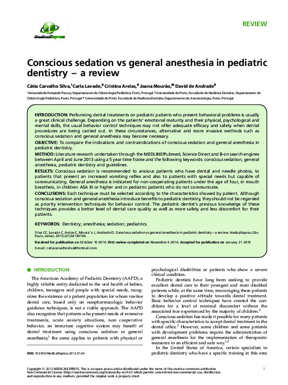 (PDF) Conscious sedation vs general anesthesia in pediatric dentistry ...