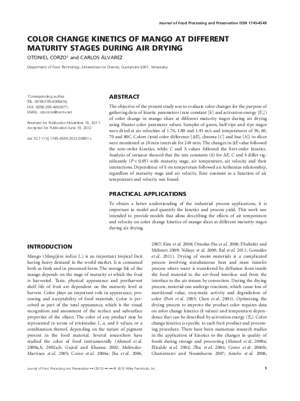 (PDF) Color Change Kinetics of Mango at Different Maturity Stages ...