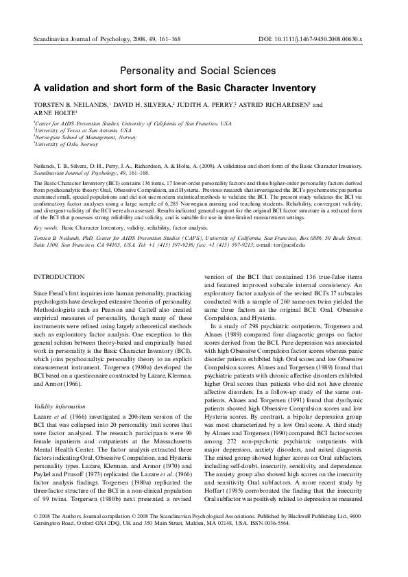 (PDF) A validation and short form of the Basic Character Inventory