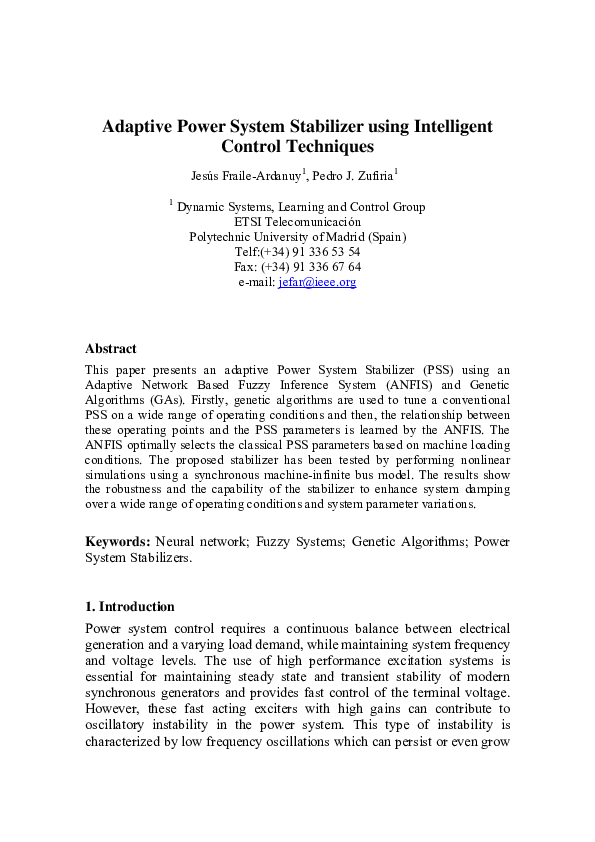 (PDF) Adaptive Power System Stabilizer using Intelligent Control Techniques