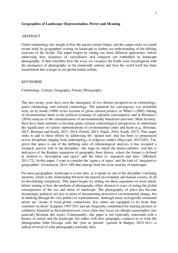 (PDF) Geographies of landscape: Representation, power and meaning