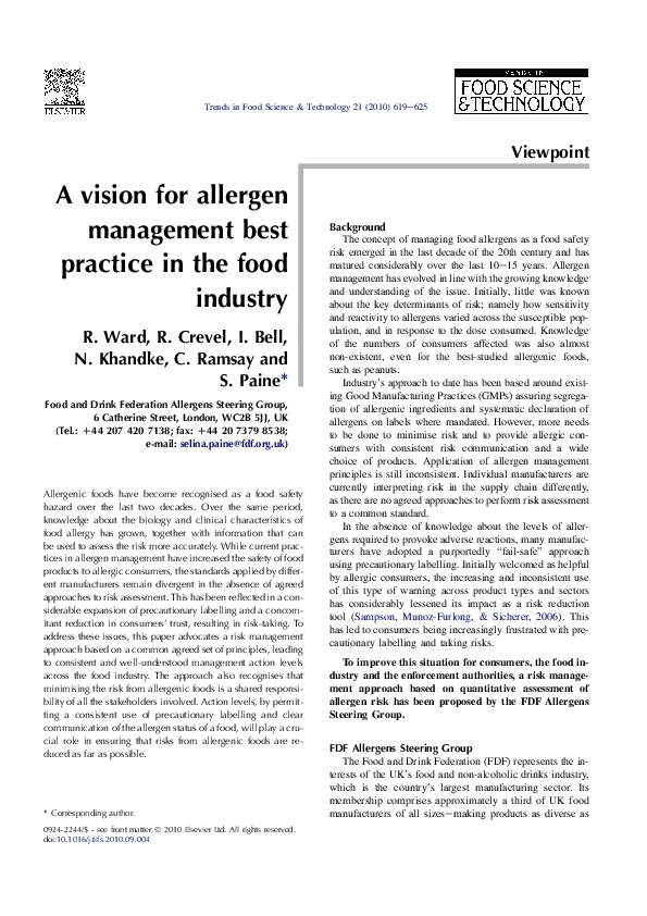 (PDF) A vision for allergen management best practice in the food industry