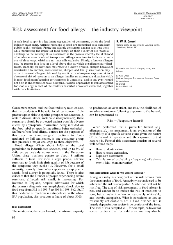 (PDF) Risk assessment for food allergy - the industry viewpoint