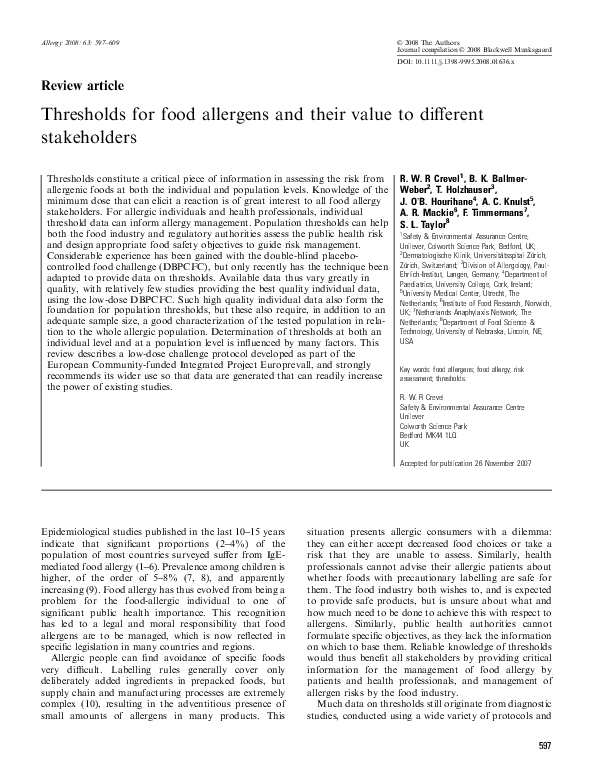 (PDF) Thresholds for food allergens and their value to different ...
