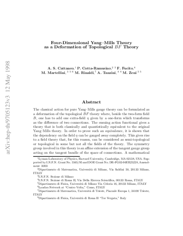 (PDF) Four-Dimensional Yang-Mills Theory as a Deformation of Topological BF Theory | Alberto ...
