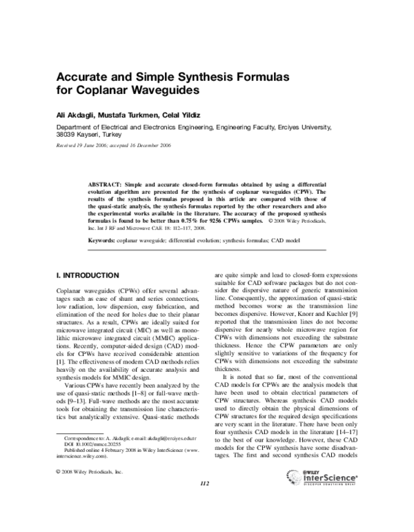 (PDF) Accurate and simple synthesis formulas for coplanar waveguides