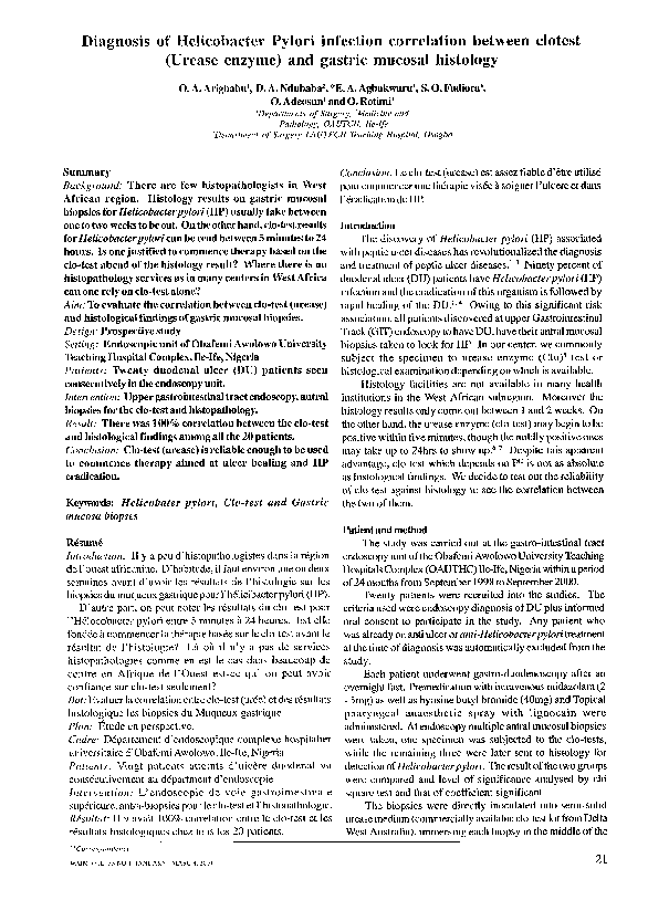 (PDF) Diagnosis of helicobacter pylori infection: Comparison of ultra ...