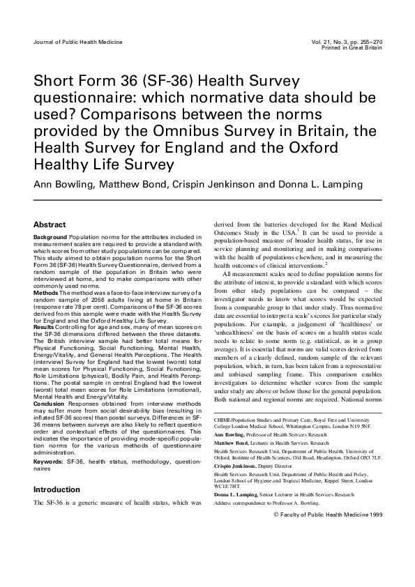 (PDF) Short form 36 (SF36) health survey questionnaire: normative data ...