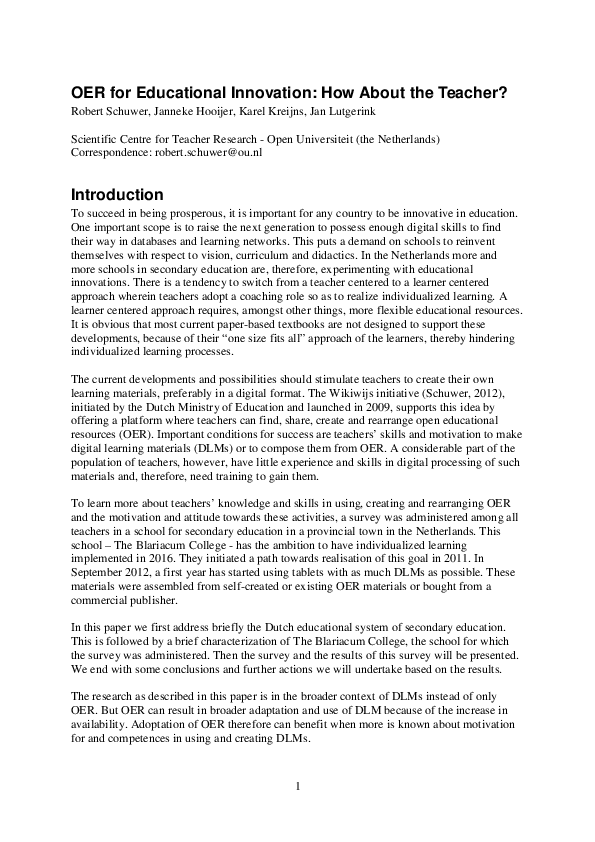 (PDF) OER for Educational Innovation: How About the Teacher?