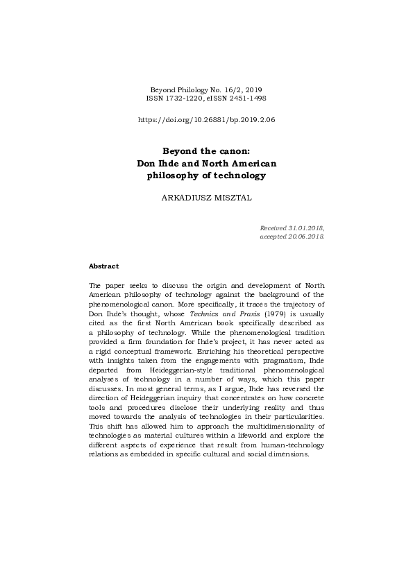 (PDF) Beyond the canon: Don Ihde and North American philosophy of ...