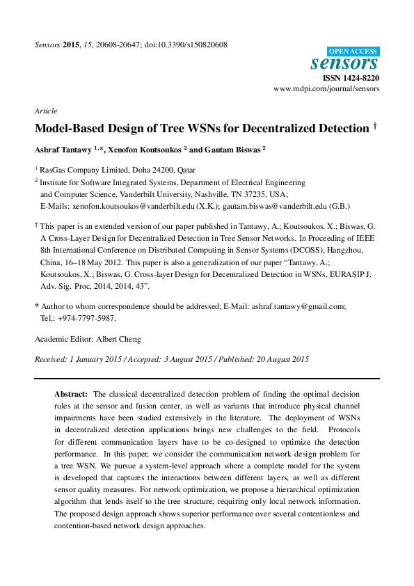 (PDF) Model-Based Design of Tree WSNs for Decentralized Detection
