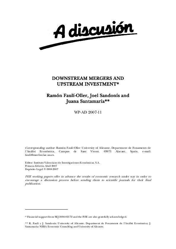 (PDF) Downstream Mergers and Upstream Investment*