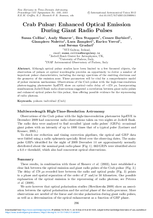 (PDF) Crab Pulsar: Enhanced Optical Emission During Giant Radio Pulses