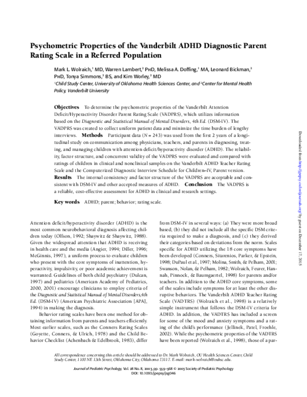 (PDF) Psychometric Properties of the Vanderbilt ADHD Diagnostic Parent ...