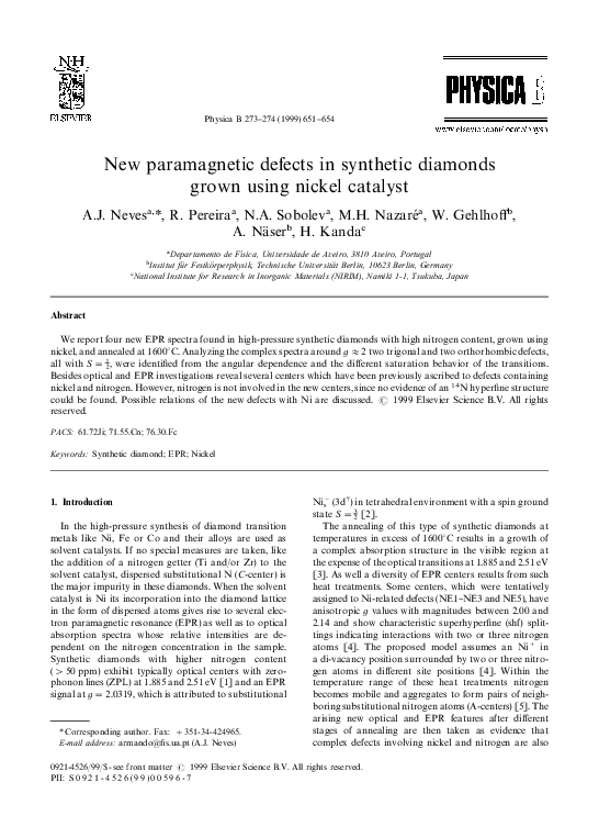 (PDF) New paramagnetic defects in synthetic diamonds grown using nickel ...