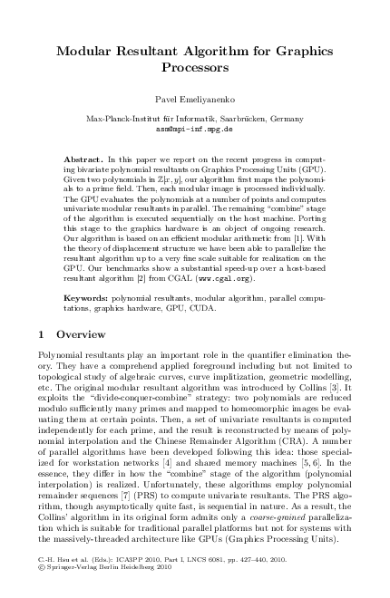 (PDF) Modular Resultant Algorithm for Graphics Processors | Pavel Emeliyanenko - Academia.edu