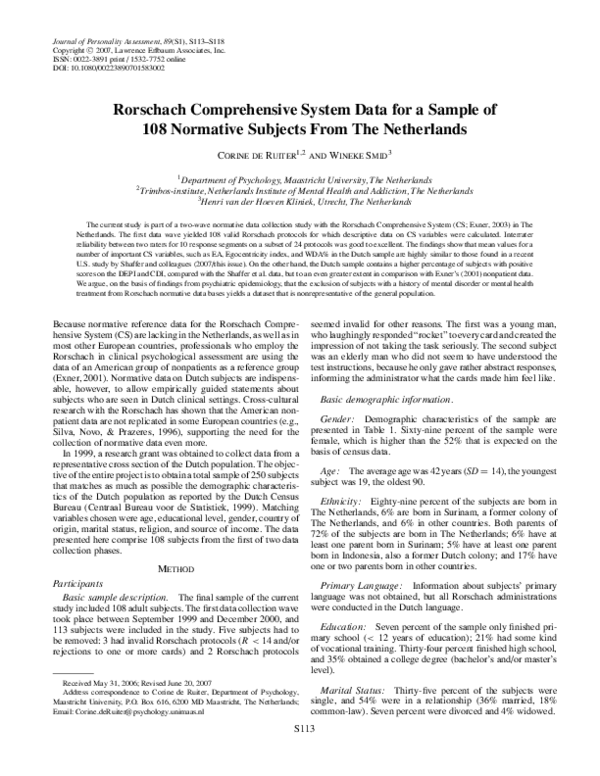 (PDF) Rorschach Comprehensive System Data for a Sample of 506 Adult ...
