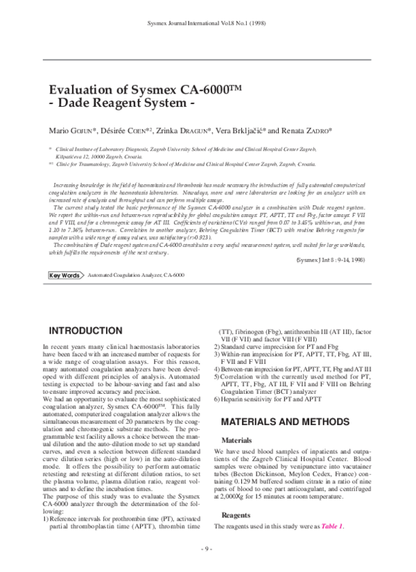 (PDF) Evaluation of the Sysmex CA-6000-Dade Reagent System