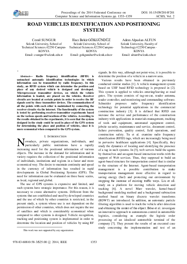 (PDF) Road Vehicles Identification and Positioning System