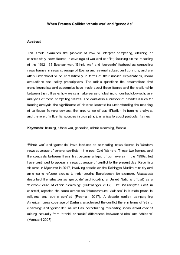 (PDF) When frames collide: ‘Ethnic war’ and ‘genocide’