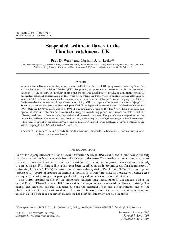 (PDF) Suspended sediment fluxes in the Humber catchment, UK