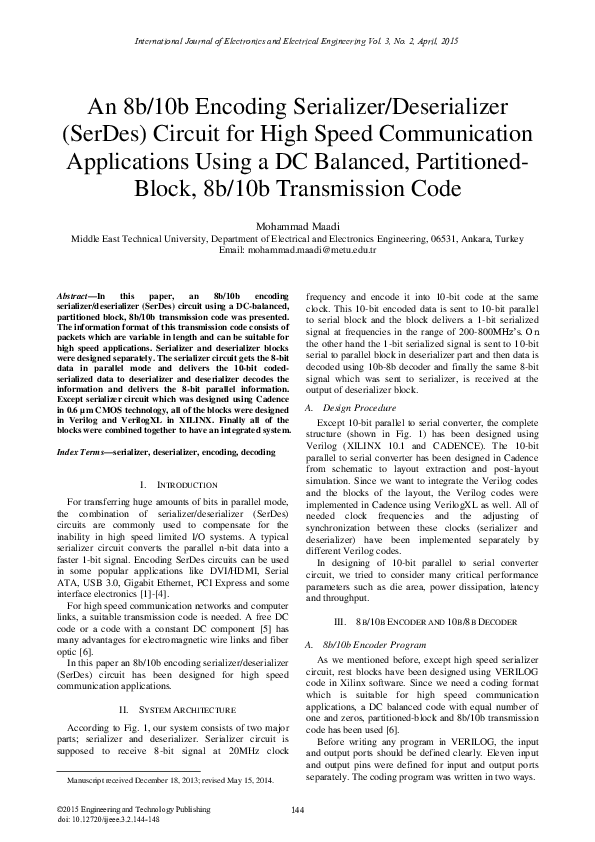 (PDF) An 8b/10b Encoding Serializer/Deserializer (SerDes) Circuit for High Speed Communication ...