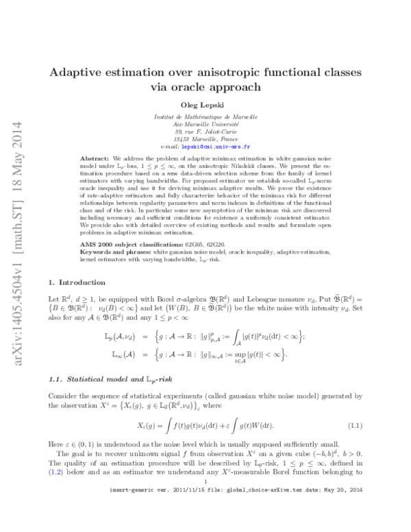 (PDF) Adaptive estimation over anisotropic functional classes via oracle approach