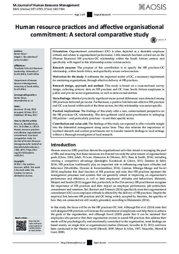 (PDF) Human resource practices and affective organisational commitment: A sectoral comparative study