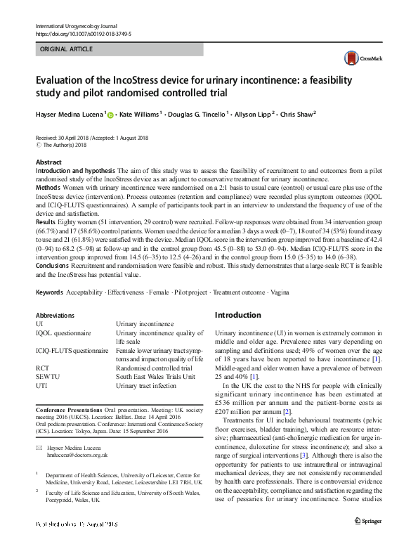 (PDF) Evaluation of the IncoStress device for urinary incontinence: a ...