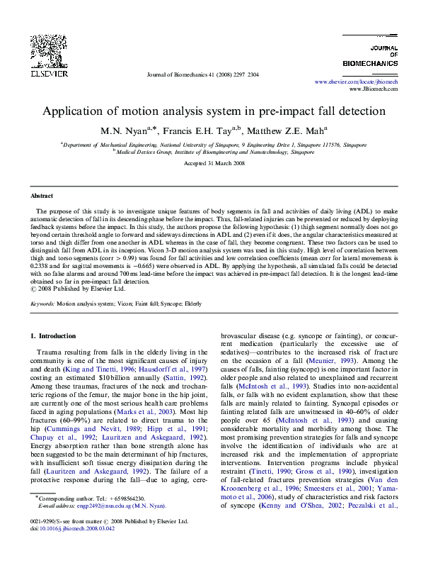 (PDF) Application of motion analysis system in pre-impact fall detection