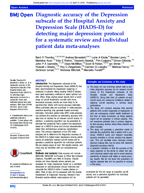 (PDF) Diagnostic accuracy of the Depression subscale of the Hospital ...