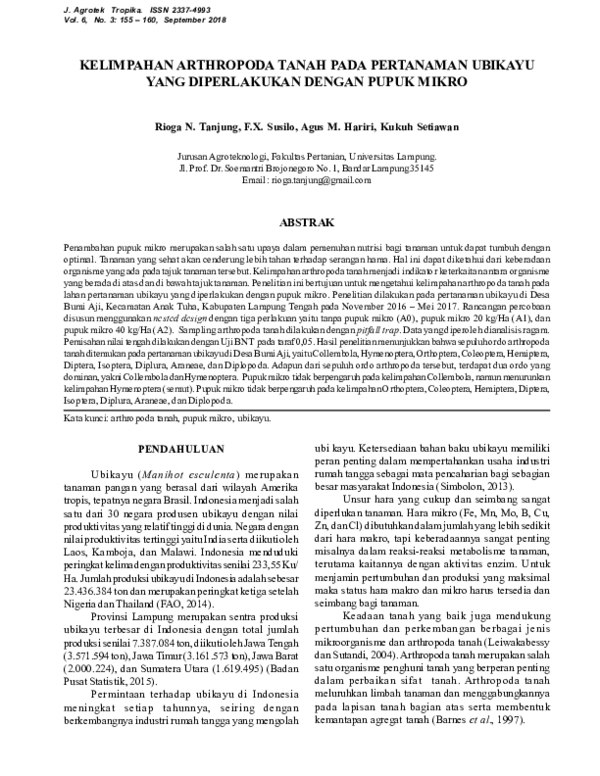 (PDF) Kelimpahan Arthropoda Tanah Pada Pertanaman Ubikayu Yang Diperlakukan Dengan Pupuk Mikro