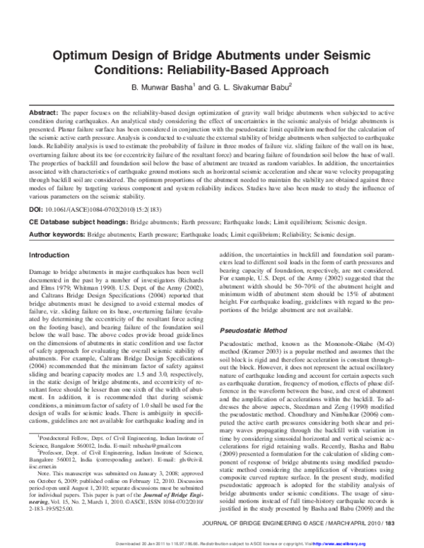 (PDF) Optimum Design of Bridge Abutments under Seismic Conditions: Reliability-Based Approach