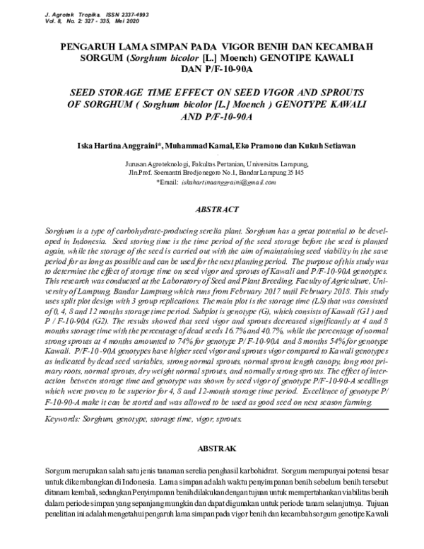 (PDF) PENGARUH LAMA SIMPAN PADA VIGOR BENIH DAN KECAMBAH SORGUM ...
