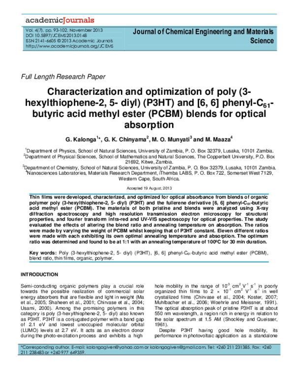 (PDF) Characterization and Optimization of P3HT and PCBM blends for ...