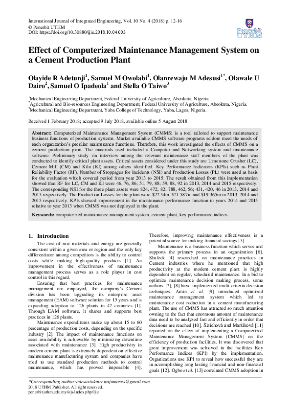 (PDF) Effect of Computerized Maintenance Management System on a Cement ...