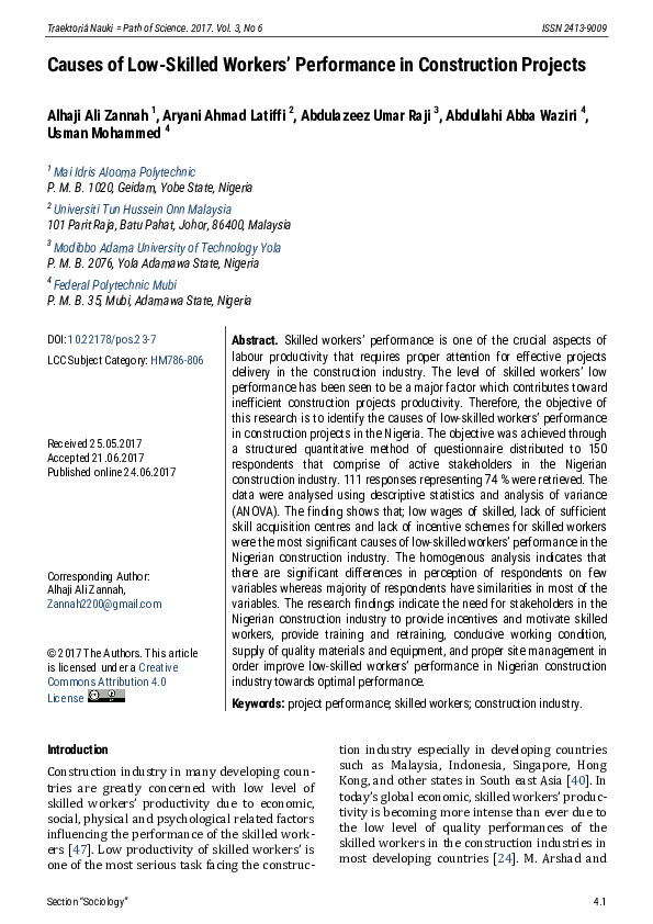 (PDF) Causes of Low-Skilled Workers’ Performance in Construction Projects
