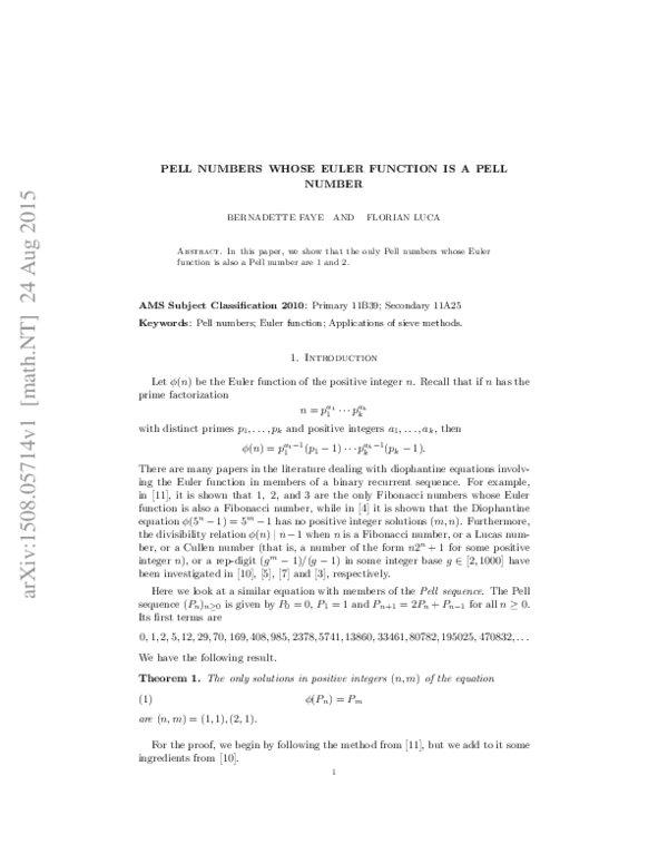 (PDF) Pell numbers whose Euler function is a Pell number