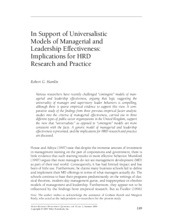 (PDF) In support of universalistic models of managerial and leadership effectiveness ...