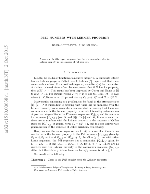 (PDF) Pell numbers with the Lehmer property