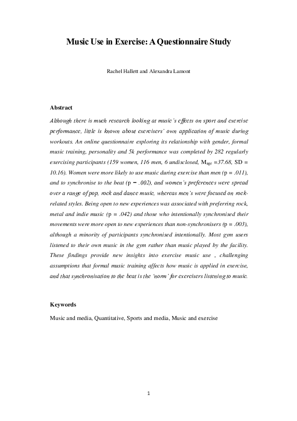 (PDF) Music Use in Exercise: A Questionnaire Study